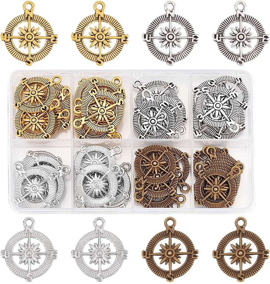 1Box 60 pcs 4 Colors 1 Inch Tibetan Style Compass Shape Alloy Pendants Charm Spacer Beads for ...