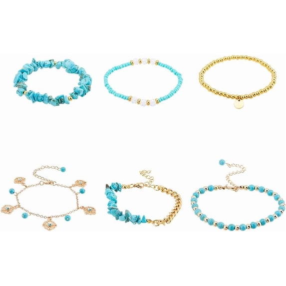 1Box 6Pcs 6 Style Alloy Flower Charm Bracelets Set Turquoise Chips ...
