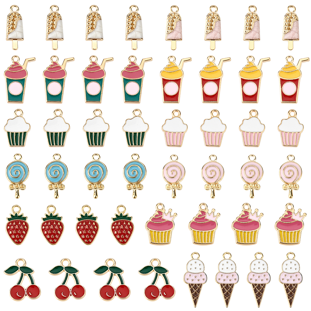 1Box 72Pcs 12 Style Light Gold Alloy Enamel Pendants Cake & Drink & Ice ...