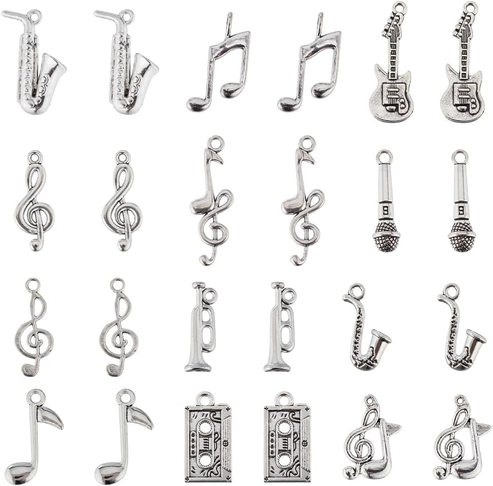 1Box 72Pcs 12 Styles Silver Music Note Charms Musical Instrument Charm ...