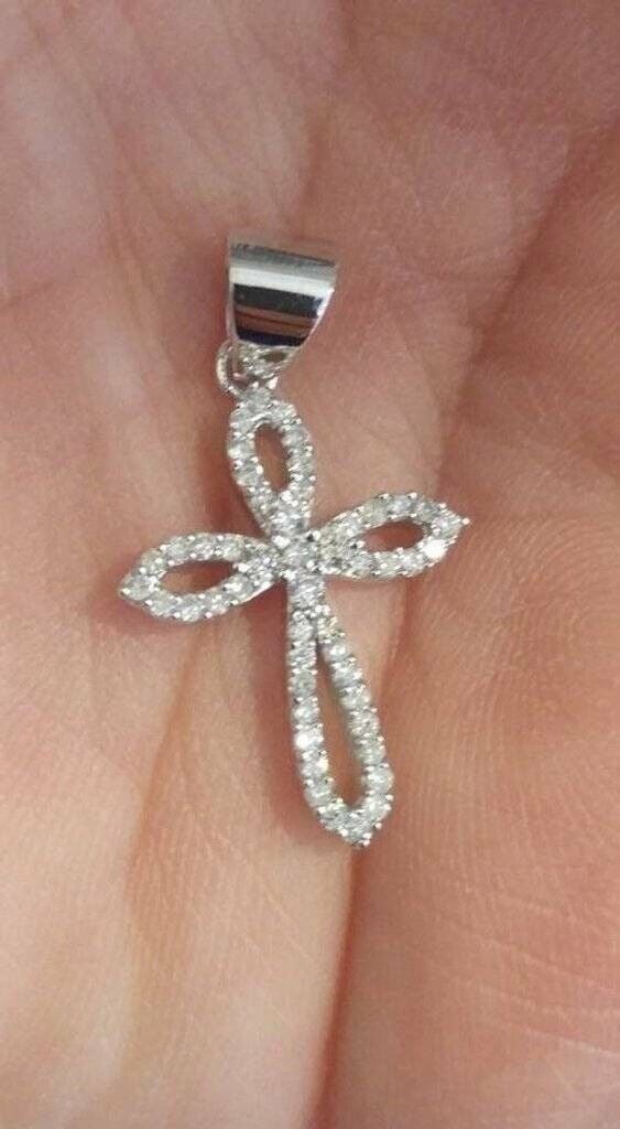 1Ct Round Cut Lab-Created Diamond Cross Pendant Necklace 14K White Gold ...