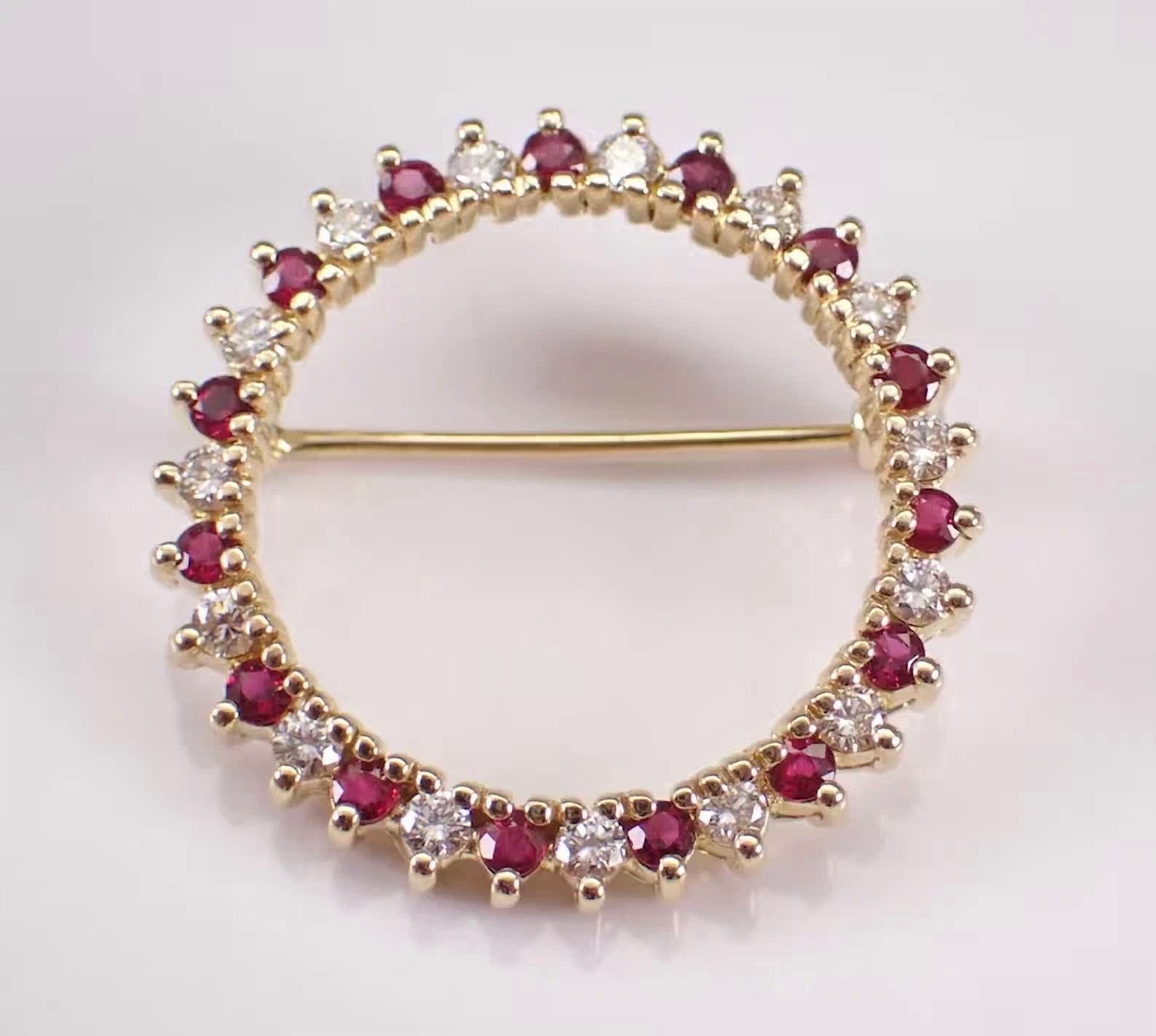 1Ct Round Cut Simulated Red Ruby Circle Women's Wedding Brooch Pin 14K ...