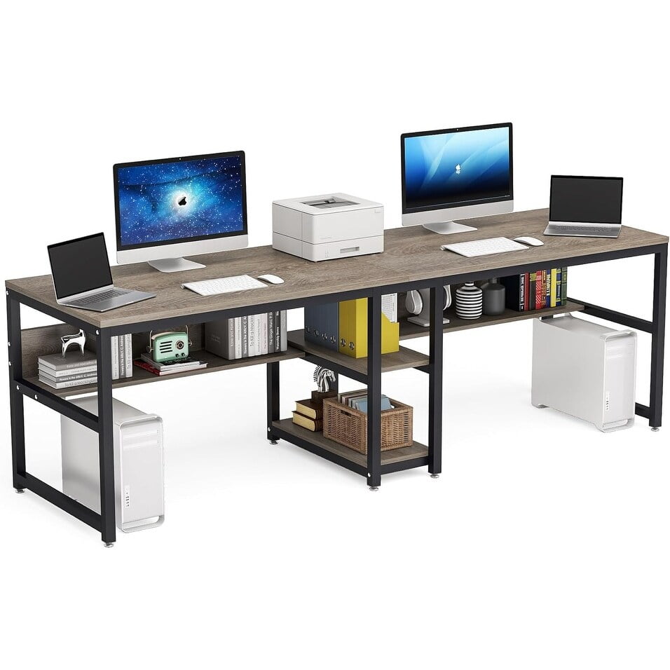 1Easylife Two Person Desk with Bookshelf, Double Office Desk Grey+Black ...