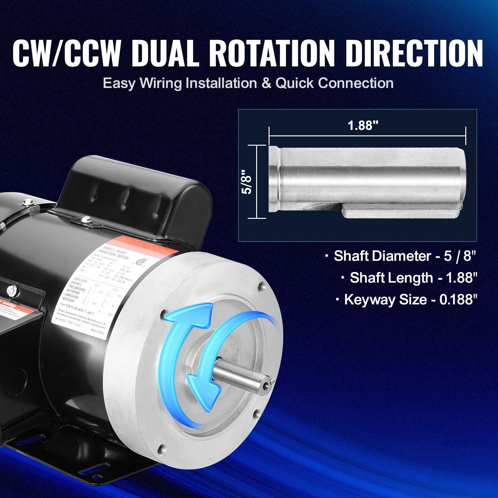1HP Electric Motor 3450 rpm, AC 115V/230V, 56C Frame, Air Compressor ...