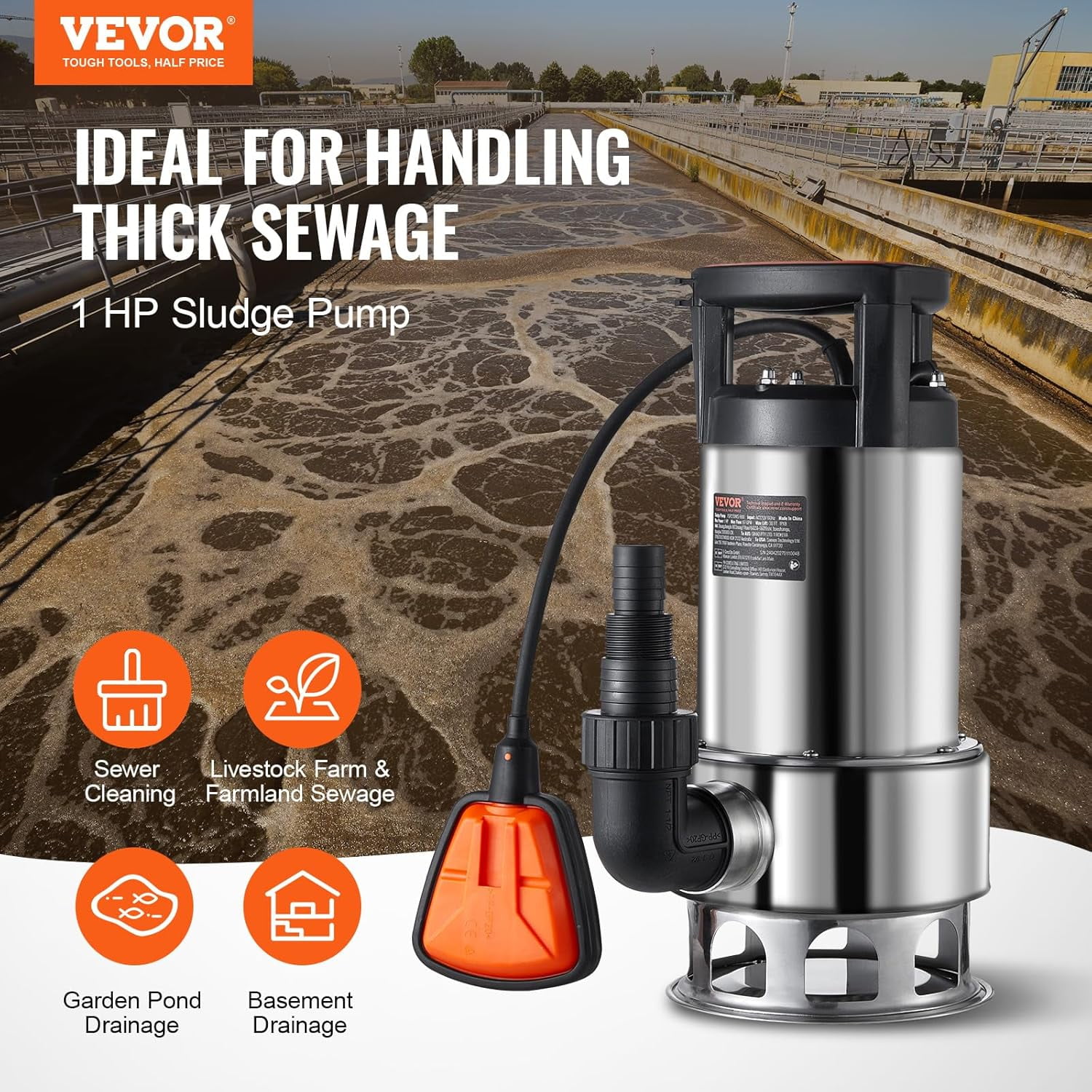 1HP Submersible Sump Pump with 30FT Lift, 4020GPH, Stainless Steel ...