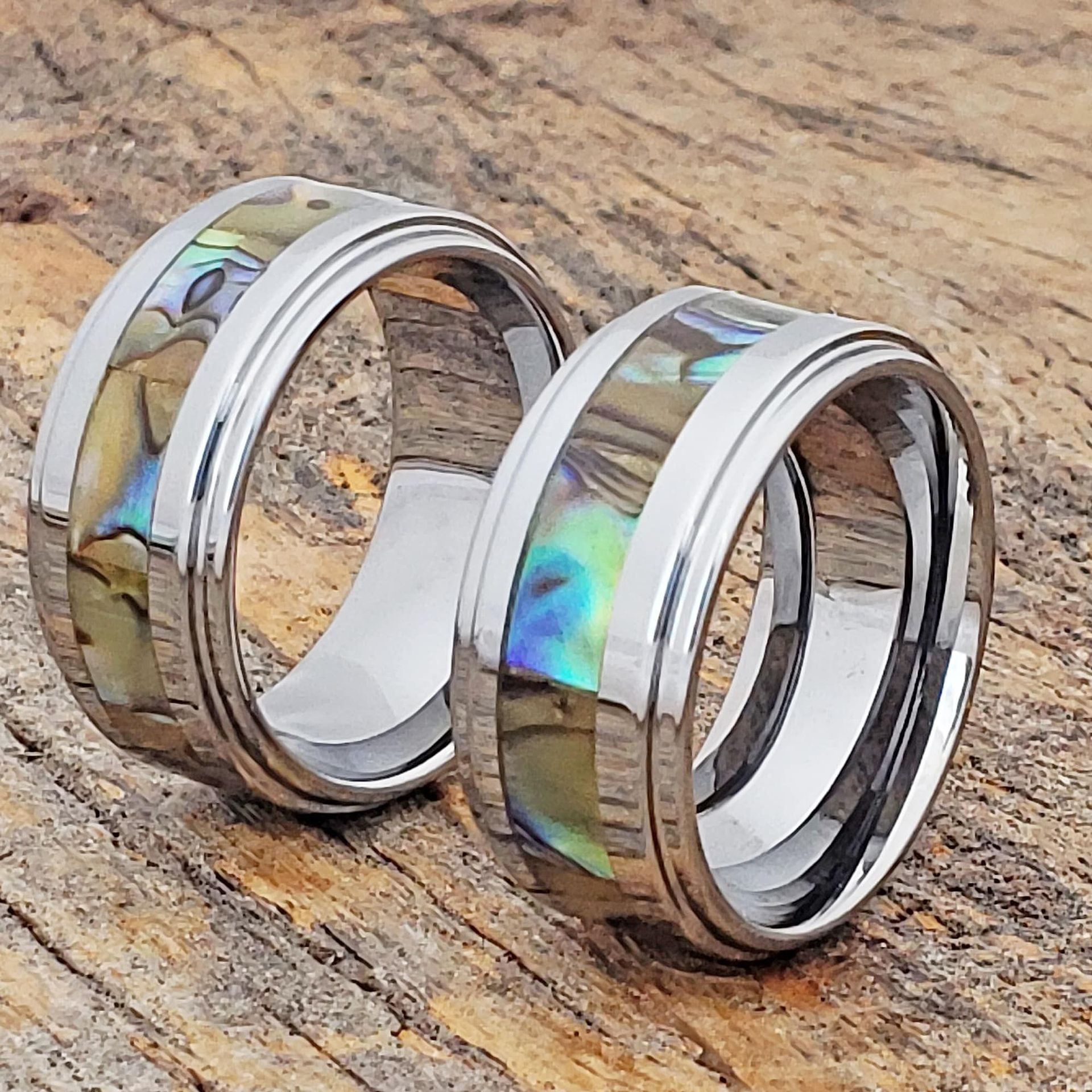 1JIE Stainless Steel Inlaid Fritillaria Ring - Unique Double Step Shell ...