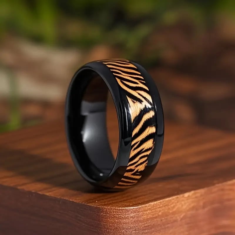1JIE Trendy Tiger Pattern Stainless Steel Ring - Unique Textured Design ...