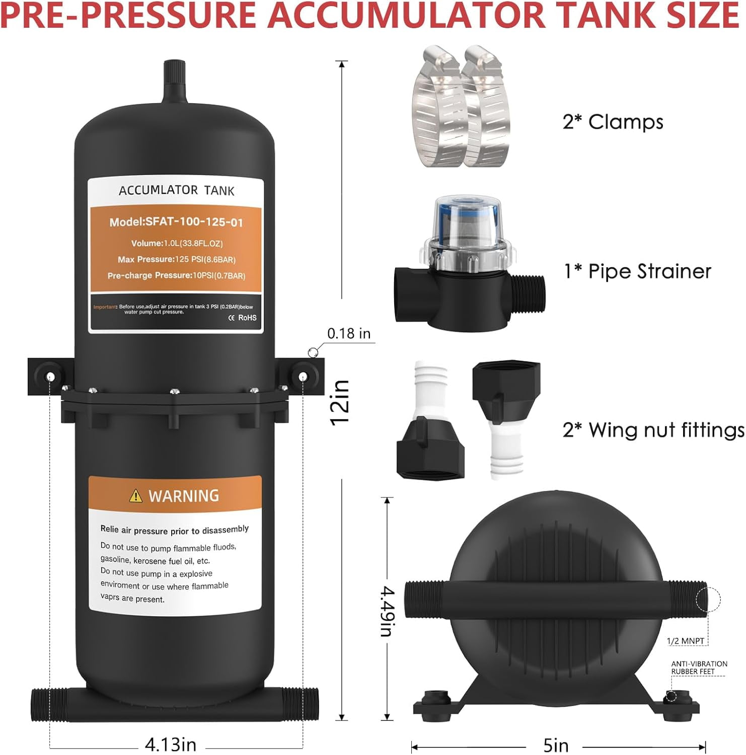 1L Pre-Pressurized Accumulator for RV, Boat, - 125PSI, Flow Control ...