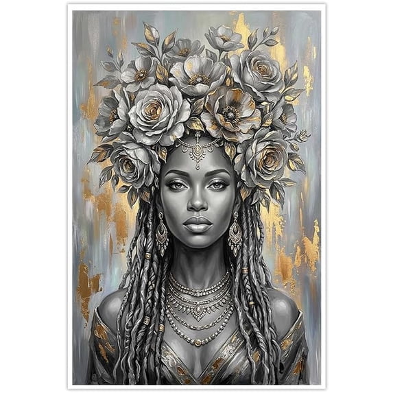 1Modern Black and White Woman Portrait Canvas Wall Art Gold Floral ...