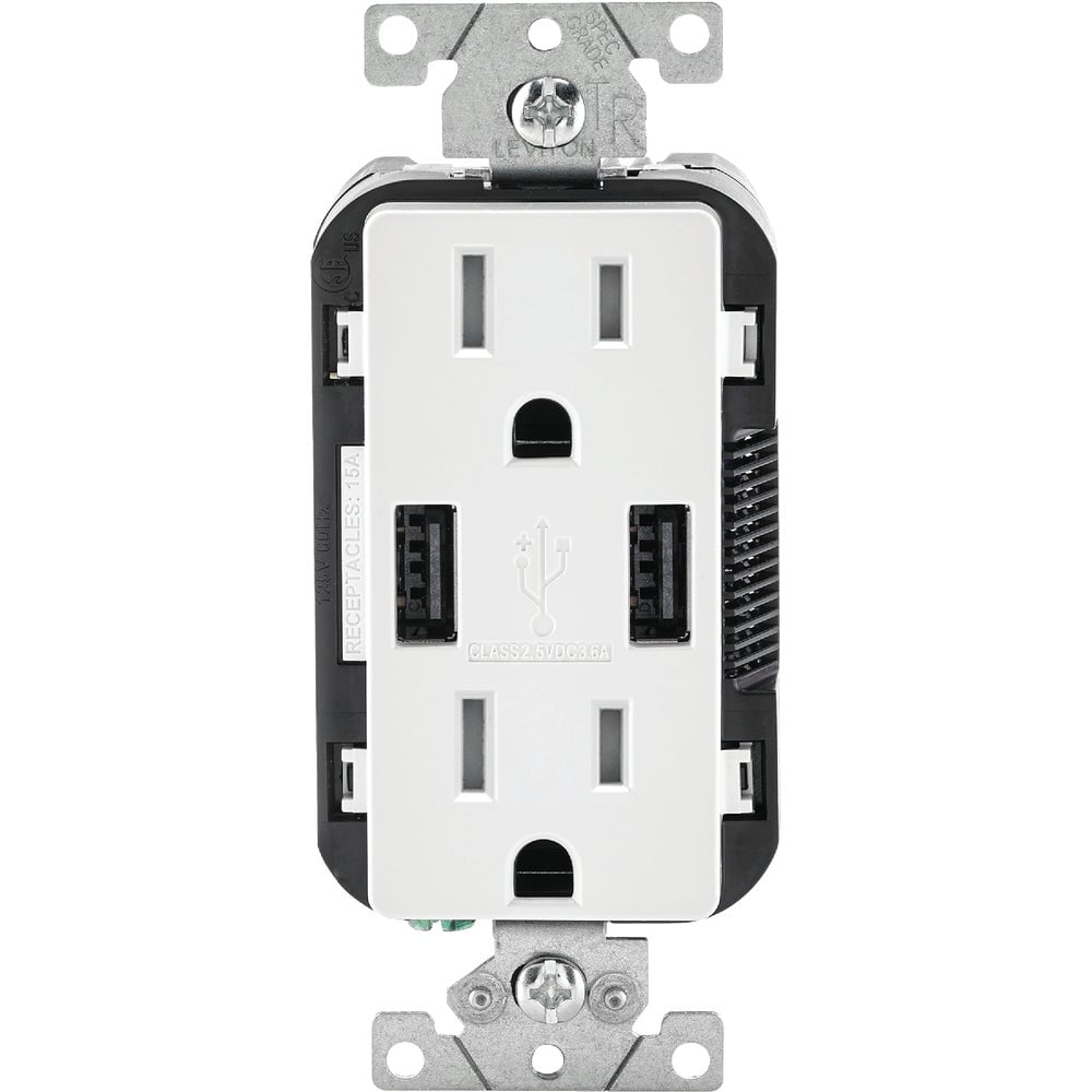 1PACK Leviton Decora 3.6A 5V White 2-Port USB Charging Outlet with 5 ...