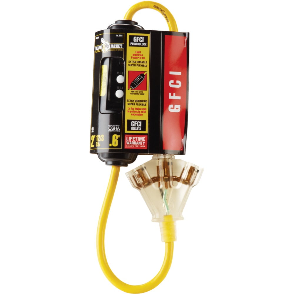 1PACK Yellow Jacket 2 Ft. 12/3 Yellow 3-Outlet GFCI Extension Cord ...