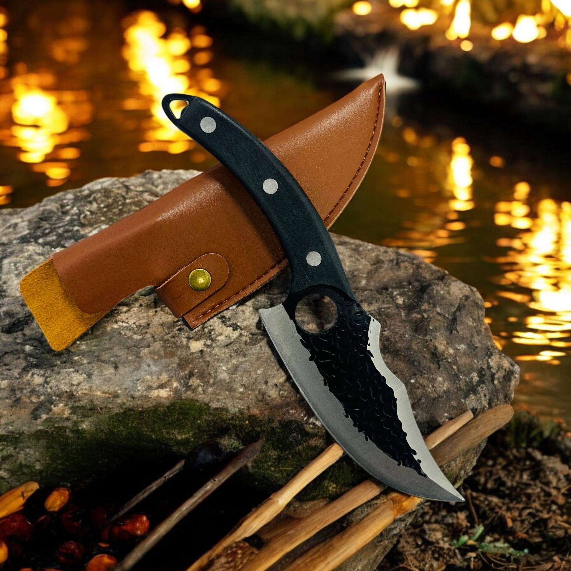 1PC 10.78" Black Peach Wood Handle Round Hole Knife with 5.74" Sharp ...