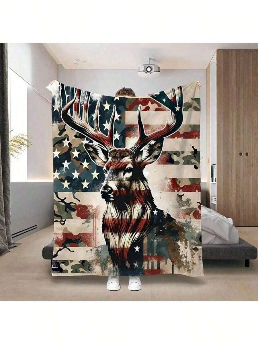 1PC 280gsm1pc American Deer Elk Camo Pattern Print Blanket, Cozy Fleece ...