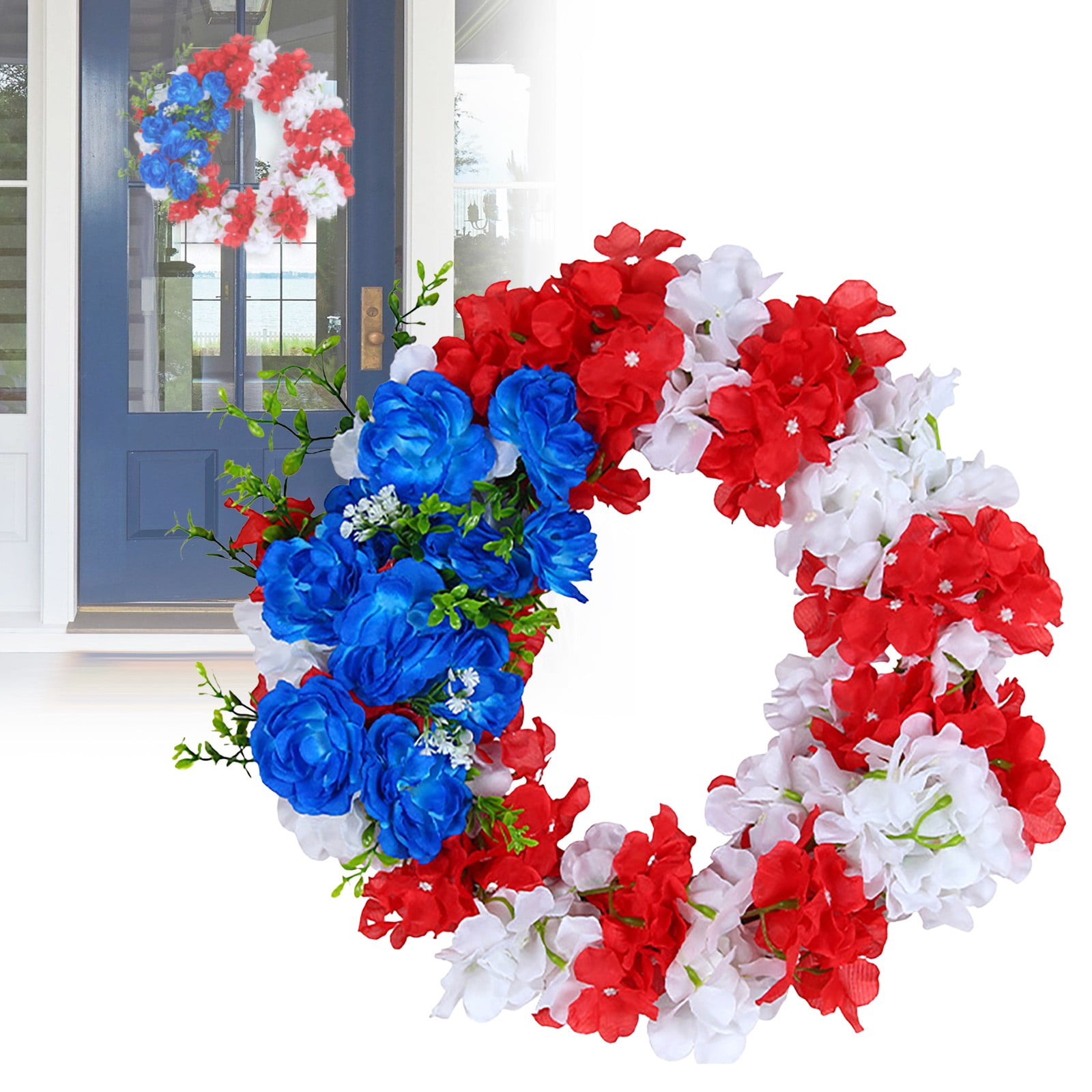 1PC 4th of July Wreath, Red White Blue Silk Hydrangea Patriotic Wreaths ...