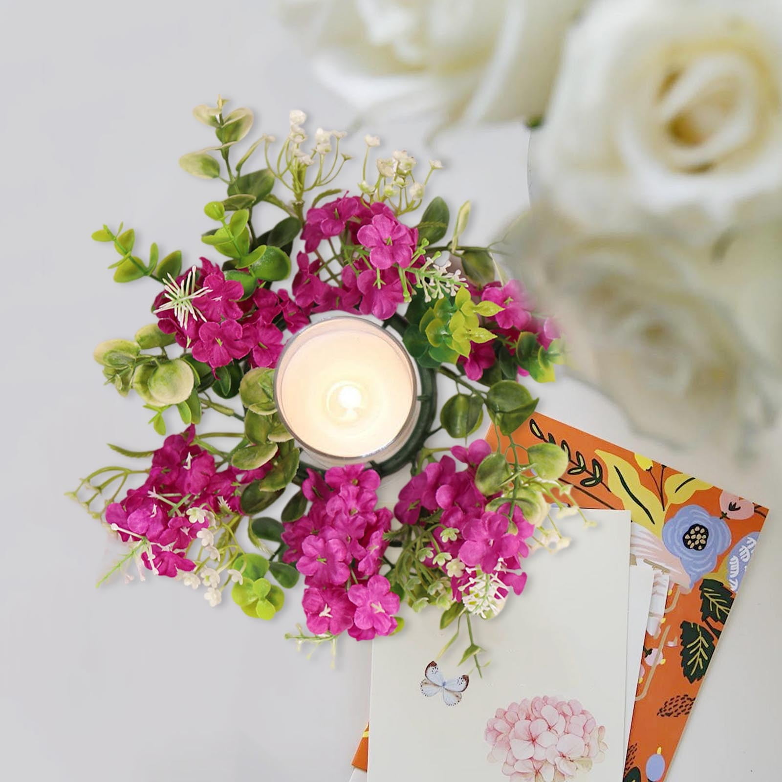 1PC Artificial Rose Candle Rings,Floral Wreaths with Eucalyptus Leaves ...