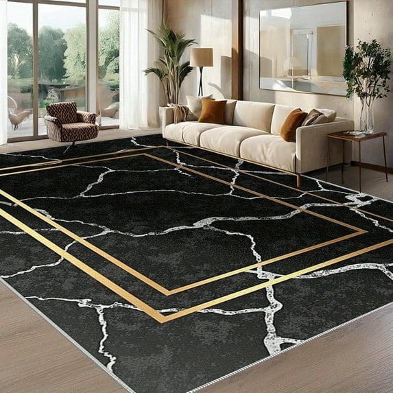 1PC Black Marble with Gold Frame Area Rug Local Carpet, Lightweight ...