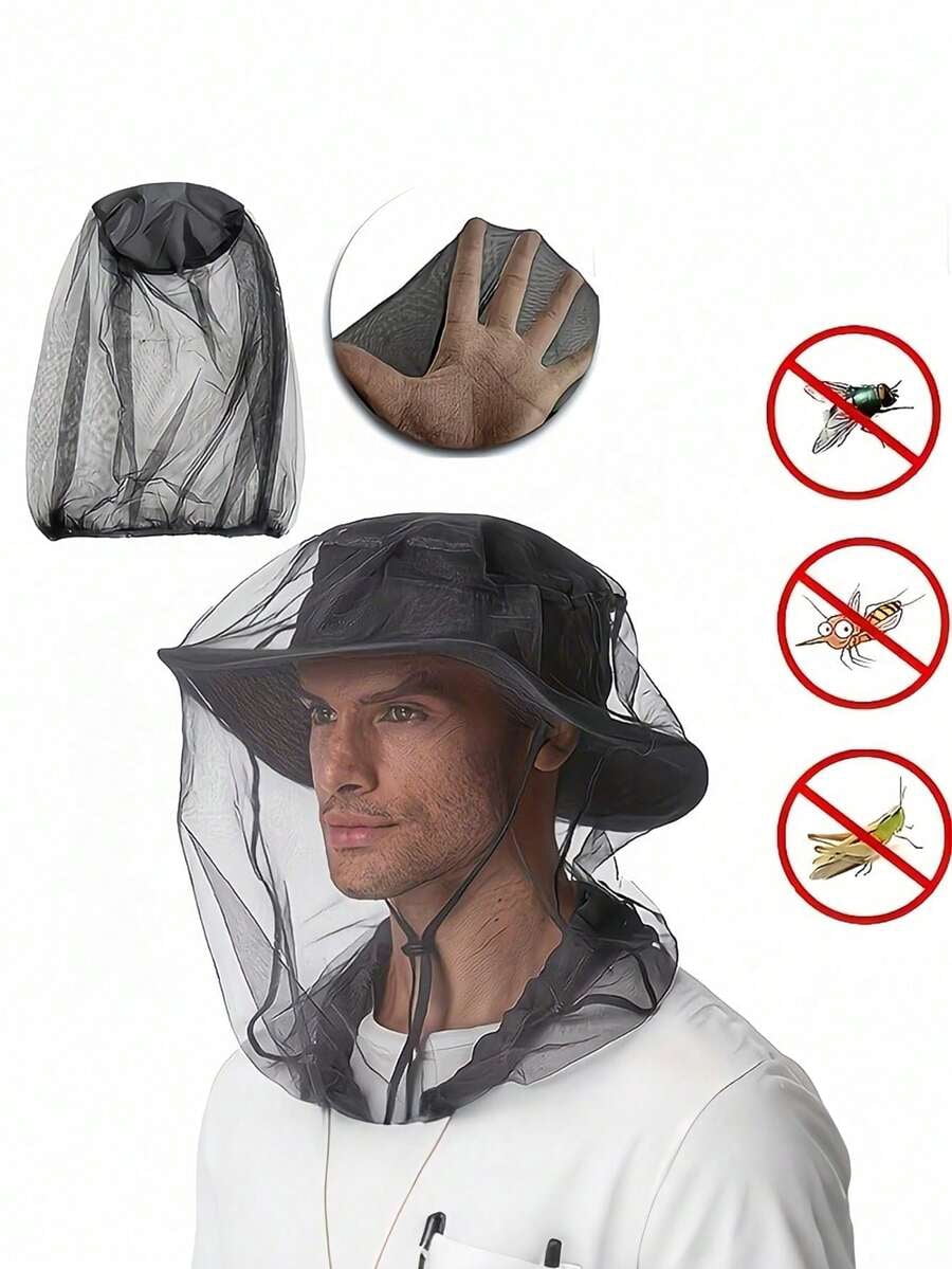 1PC Black Mosquito Net Hat With Fine Mesh Face Cover For Outdoor ...