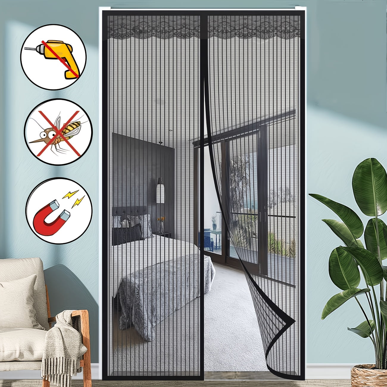 1PC Black Striped Magnetic Mesh Screen Door, Auto Closing Mosquito ...