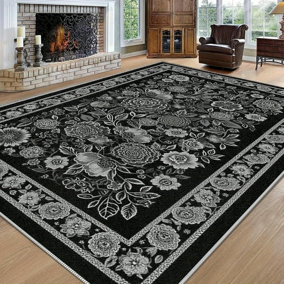 1PC Black and White Floral Area Rug Local Carpet, Lightweight Washable ...