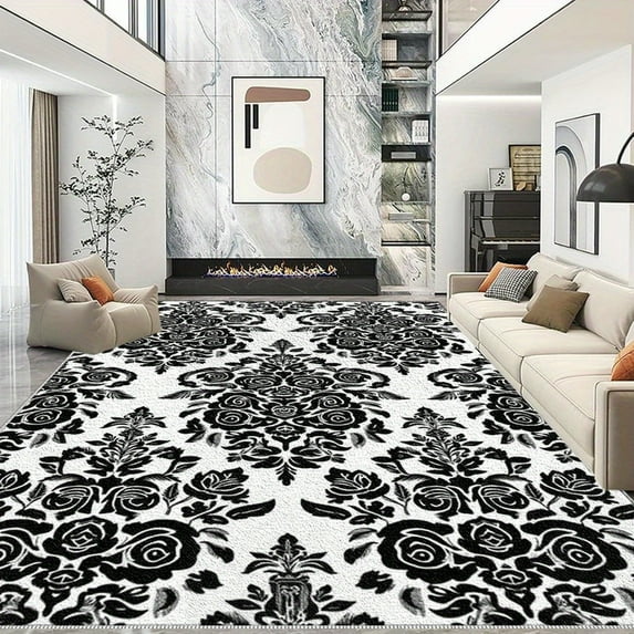 1PC Black and White Floral Pattern Area Rug Local Carpet, Lightweight ...