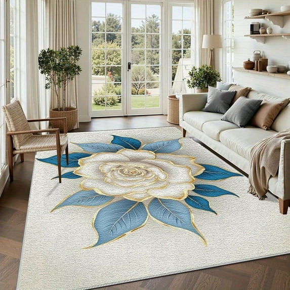 1PC Blue and Gold Floral Area Rug Local Carpet, Lightweight Washable ...