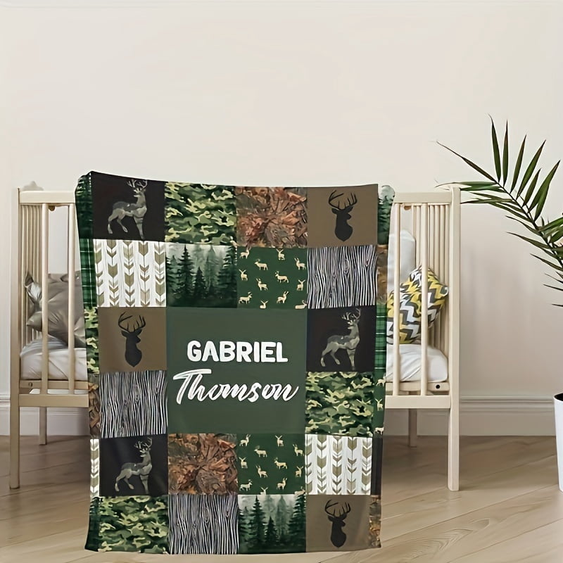 1PC Customizable Soft Flannel Deer & Forest Plush Blanket ...
