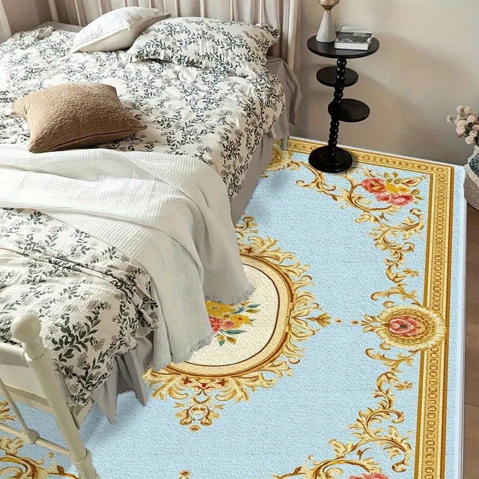 1PC Floral and Gold Decorative Area Carpet Partial Carpet, Lightweight ...