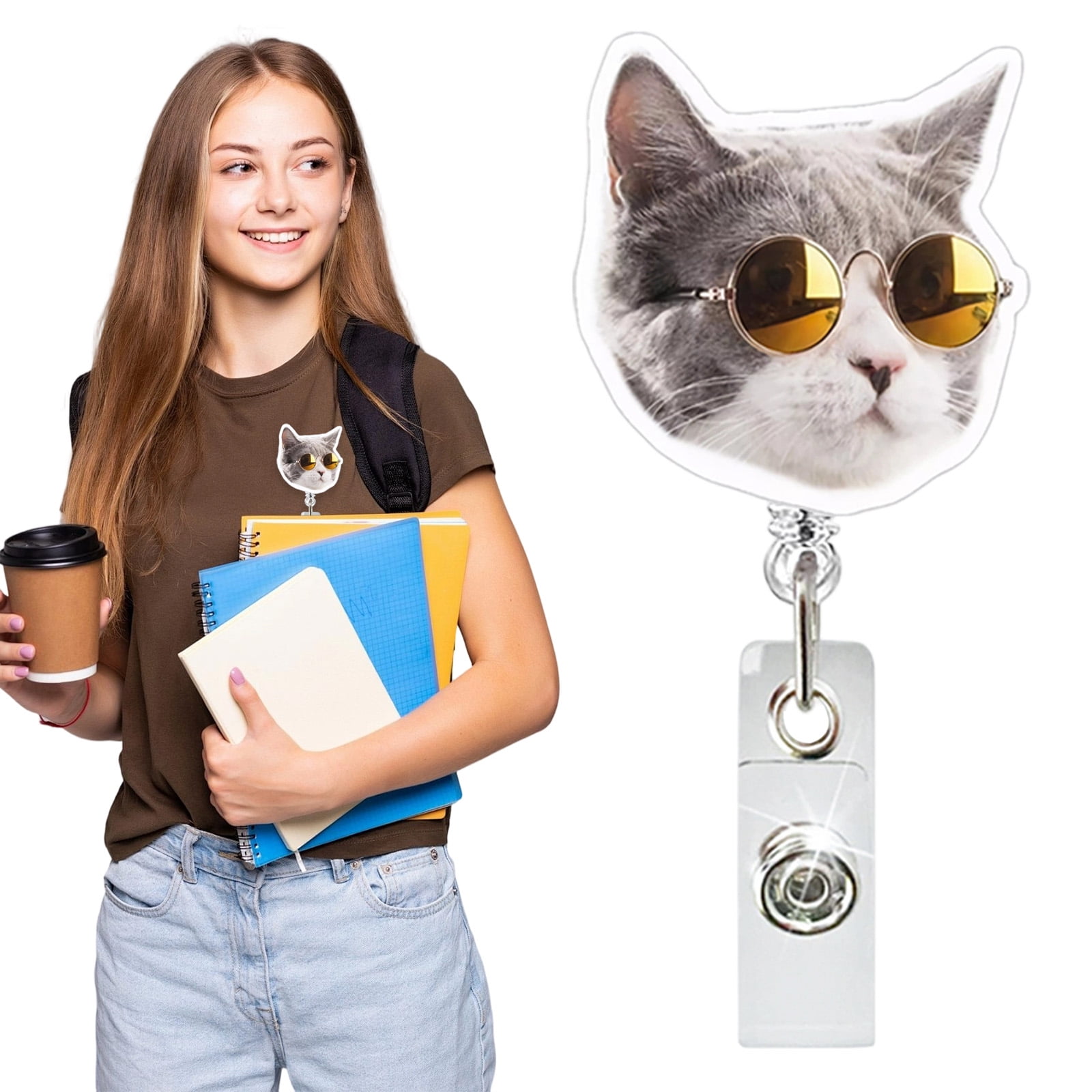 1PC Funny Cat Expression Acrylic Retractable Badge Reel ID Holder with ...