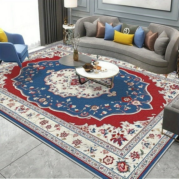 1PC Greek Key & Floral Pattern Area Rug Partial Carpet, Lightweight ...