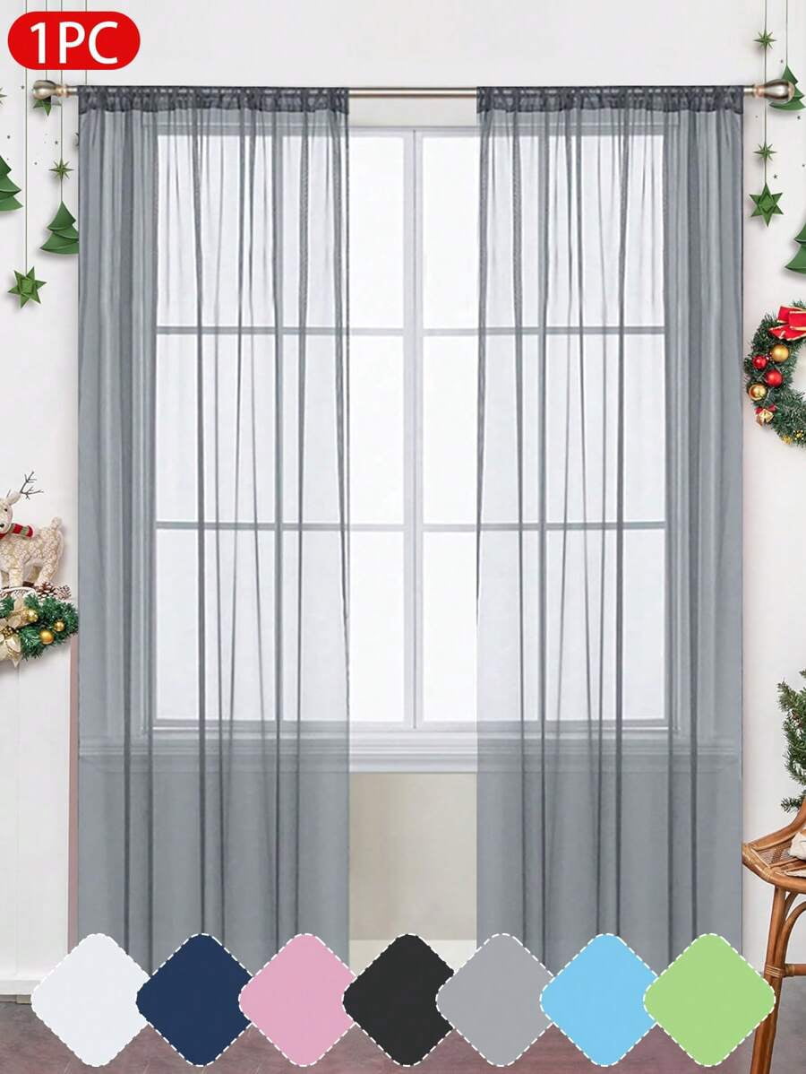 1PC Grey Solid Color Sheer Curtain With Rod Pocket, Lightweight ...
