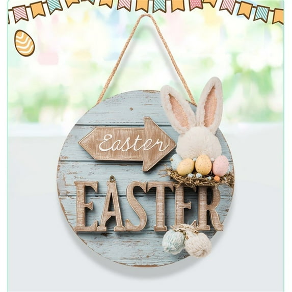 1PC Happy Easter Wood Hanging Sign Bunny Rabbit Front Door Sign Flat ...