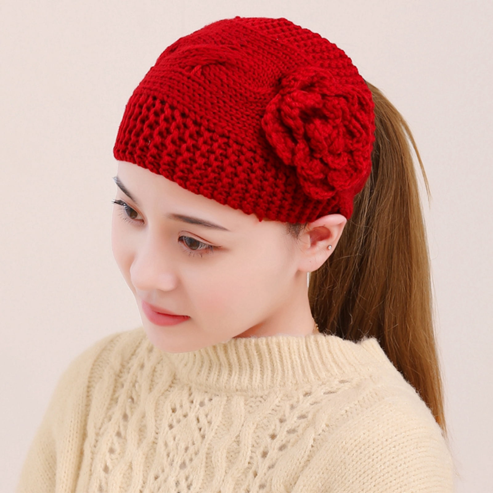 1PC Hat Red Polyester Autumn And Winter Warm Knitted Yarn Headband Hat Flower Headband Headdress ...