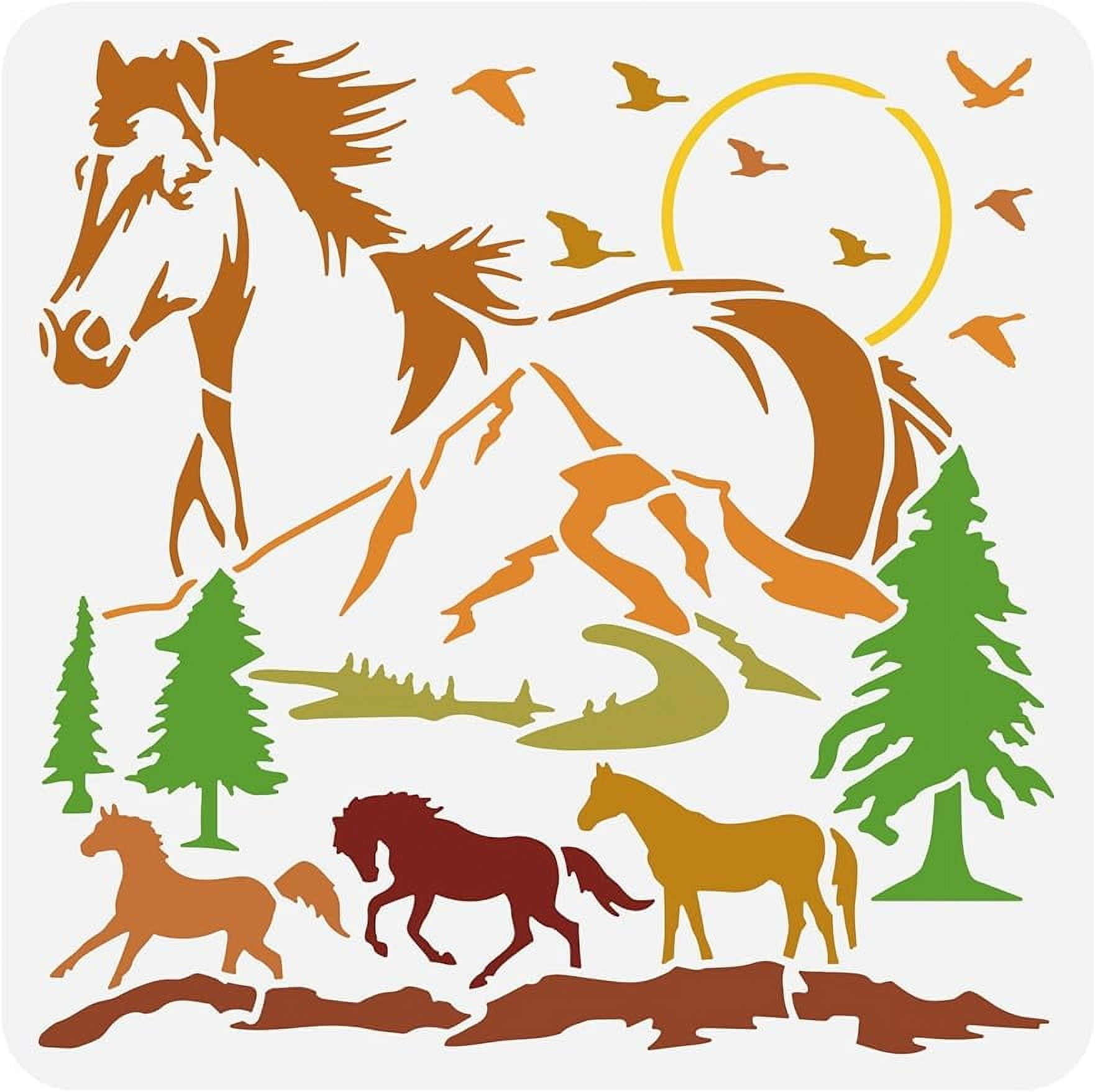 Horse Stencil 12x12inch Mountain Tree Scene Running Horse Stencil ...