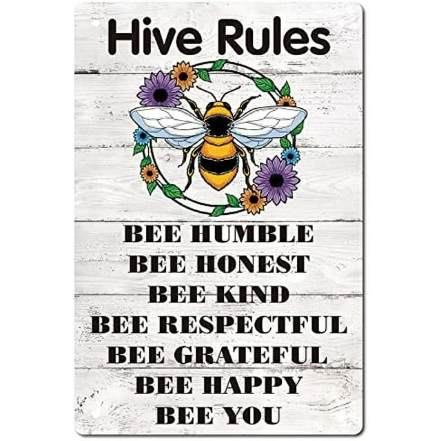 1PC Metal Tin Sign Hive Rules Bee Respectful Retro Funny Wall Decor Art ...