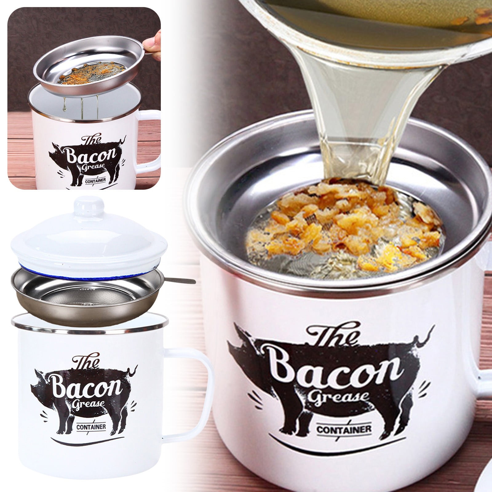 1PC Mini Bacon Grease Container with Strainer, Enamel Grease Saver ...