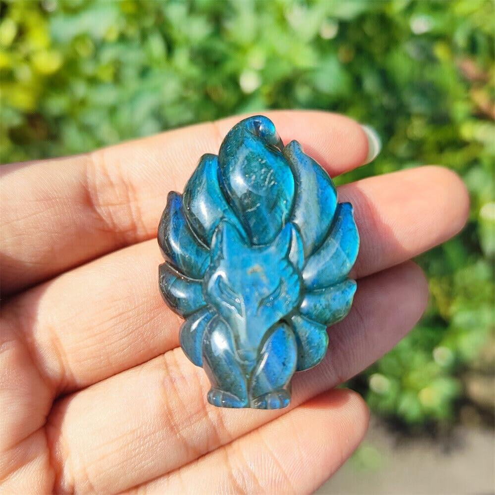 1PC Natural Labradorite Nine tailed Fox Quartz Stone Bone Therapy Reiki ...