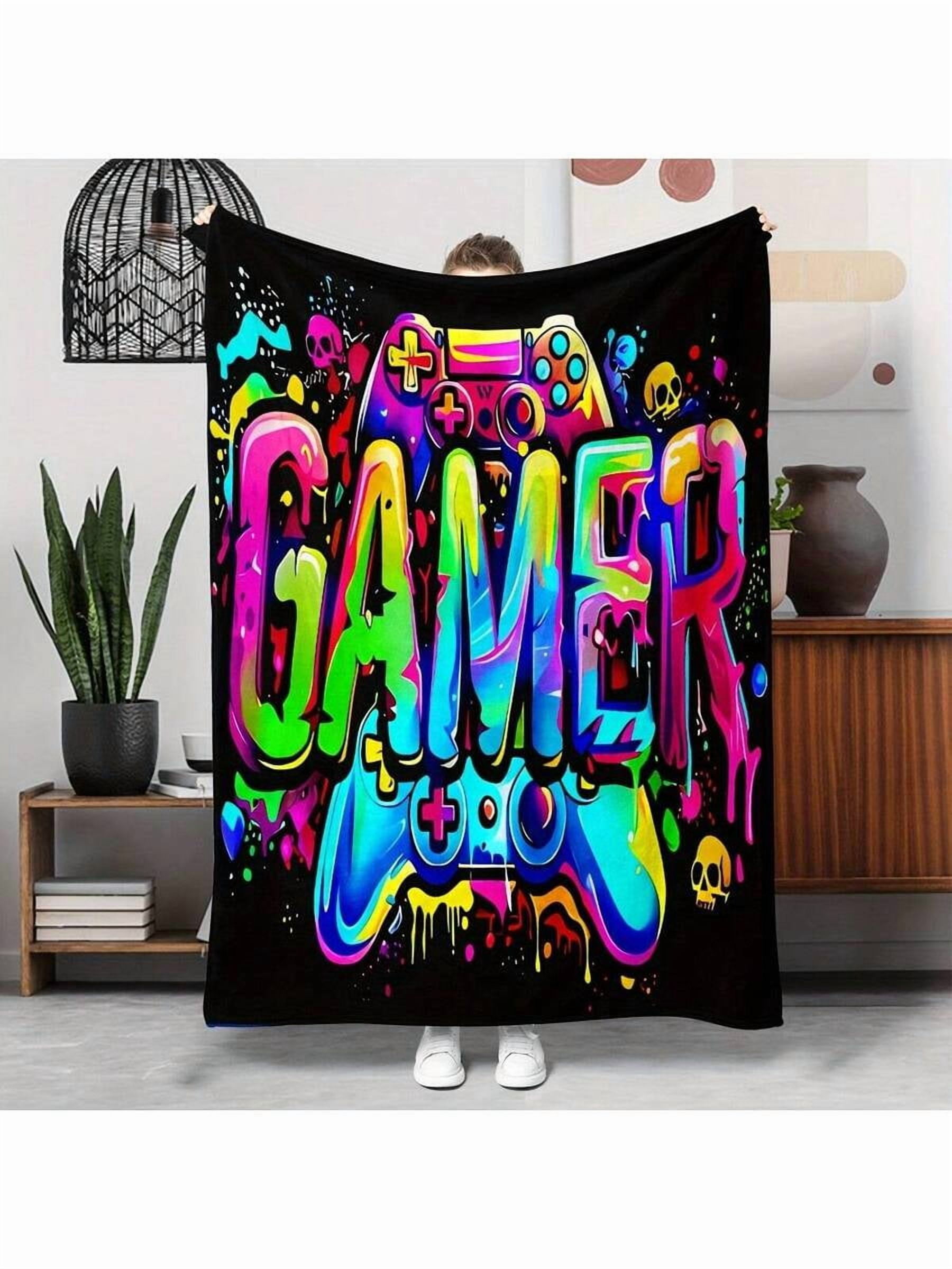 1PC Oversized Gamer Flannel Throw Blanket - Graffiti-Style Controller ...