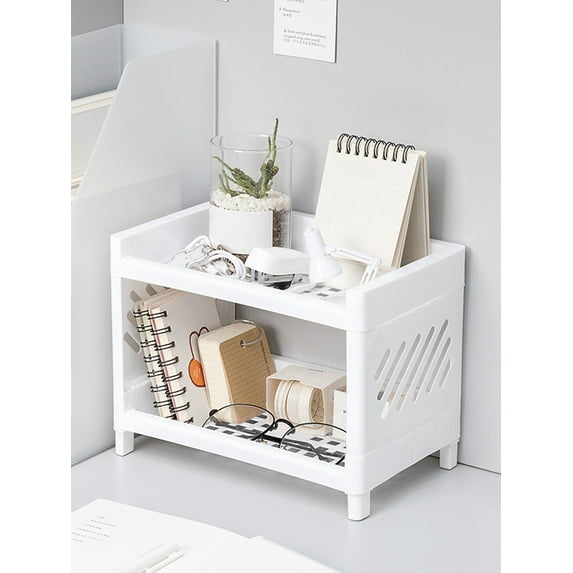 1PC PP Desktop Double Layer Storage Rack Rectangular White Organizing ...