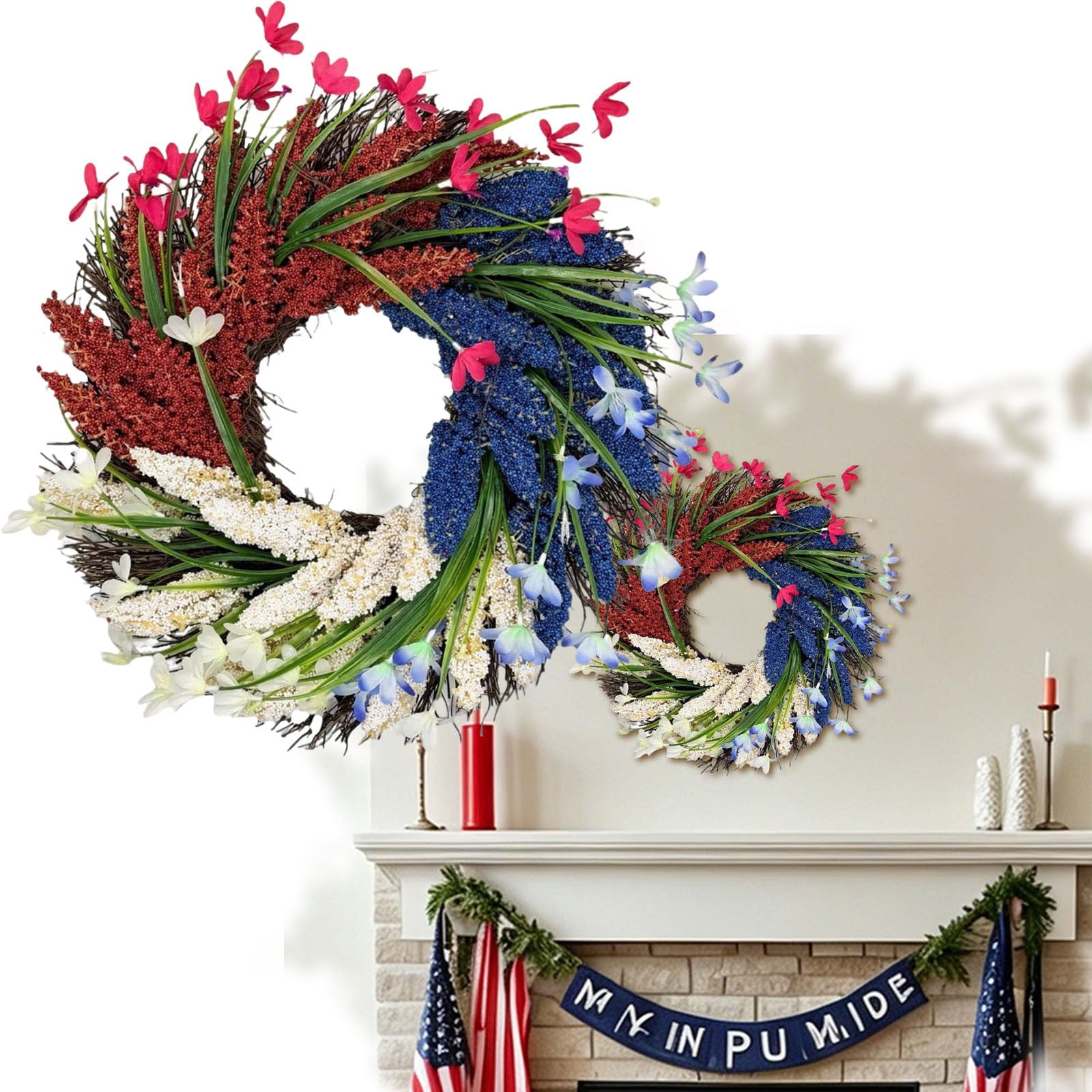 1PC Red White Blue Floral Twig Wreath, Artificial Flower Wreath for 4th ...