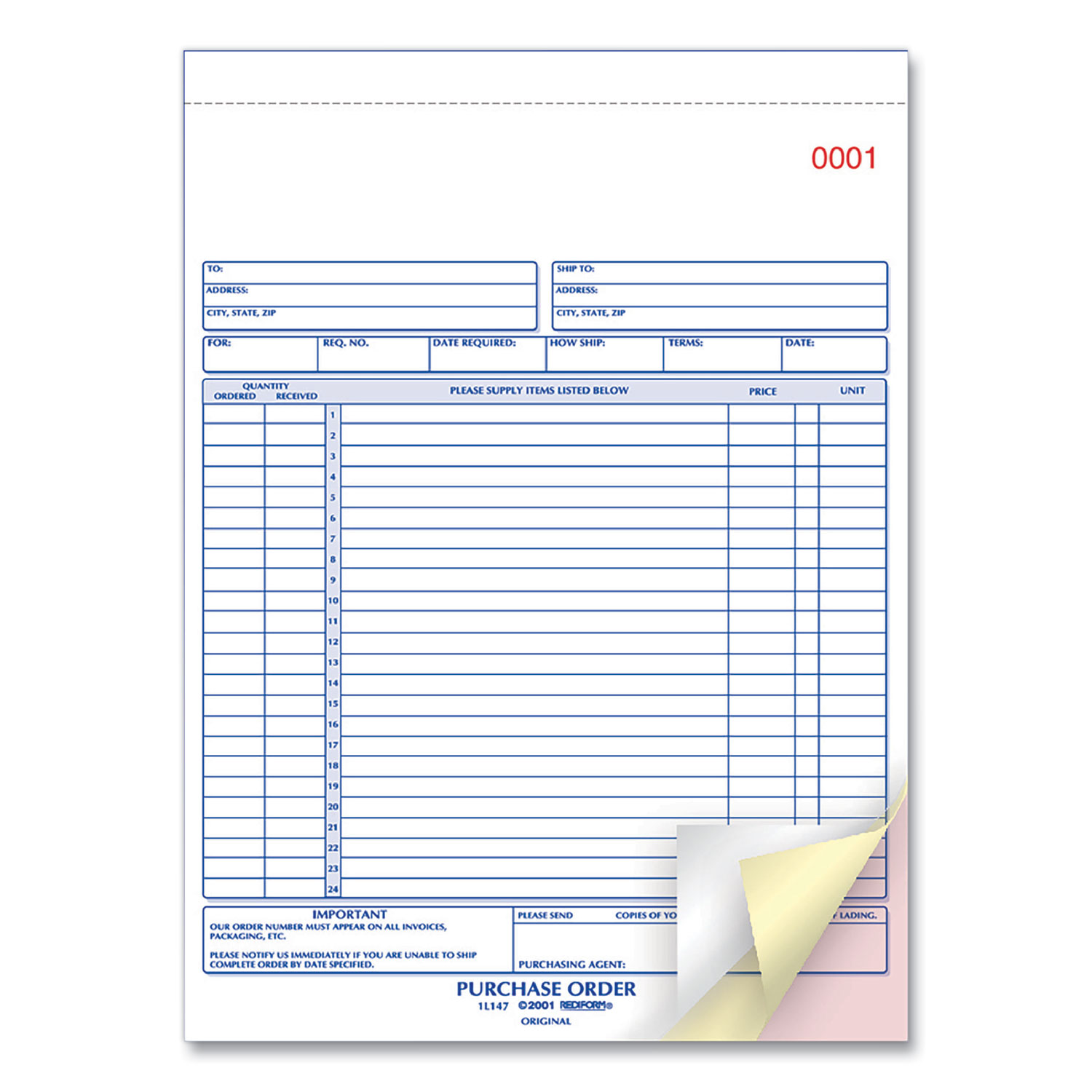 1PC Rediform Purchase Order Book, 17 Lines, Three-Part Carbonless, 8.5 ...