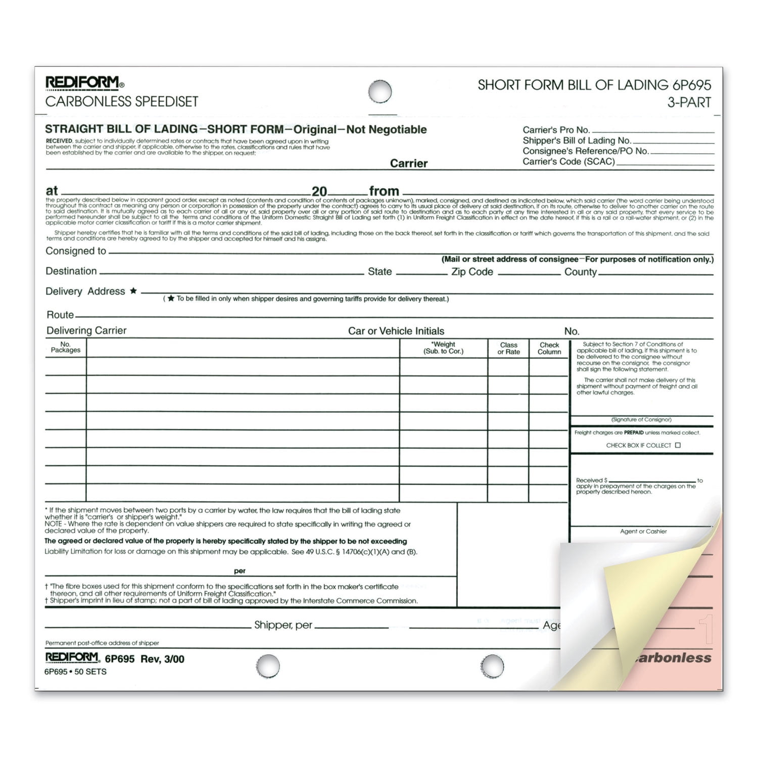 1PC Rediform Speediset Bill of Lading, Short Form, Three-Part ...