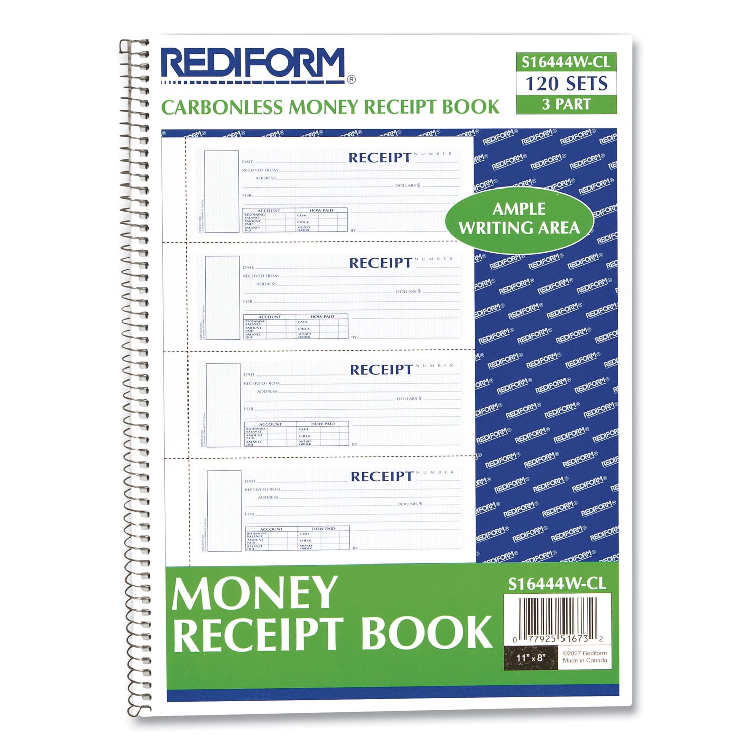 1PC Rediform Spiralbound Unnumbered Money Receipt Book, Three-Part ...