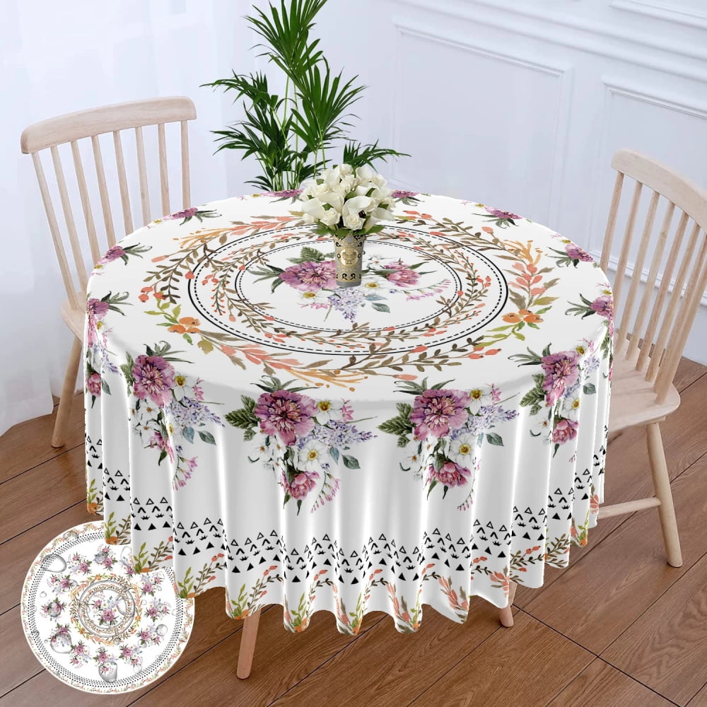 1PC Round Tablecloth with Floral Plant Waterproof Colored Dining Table ...