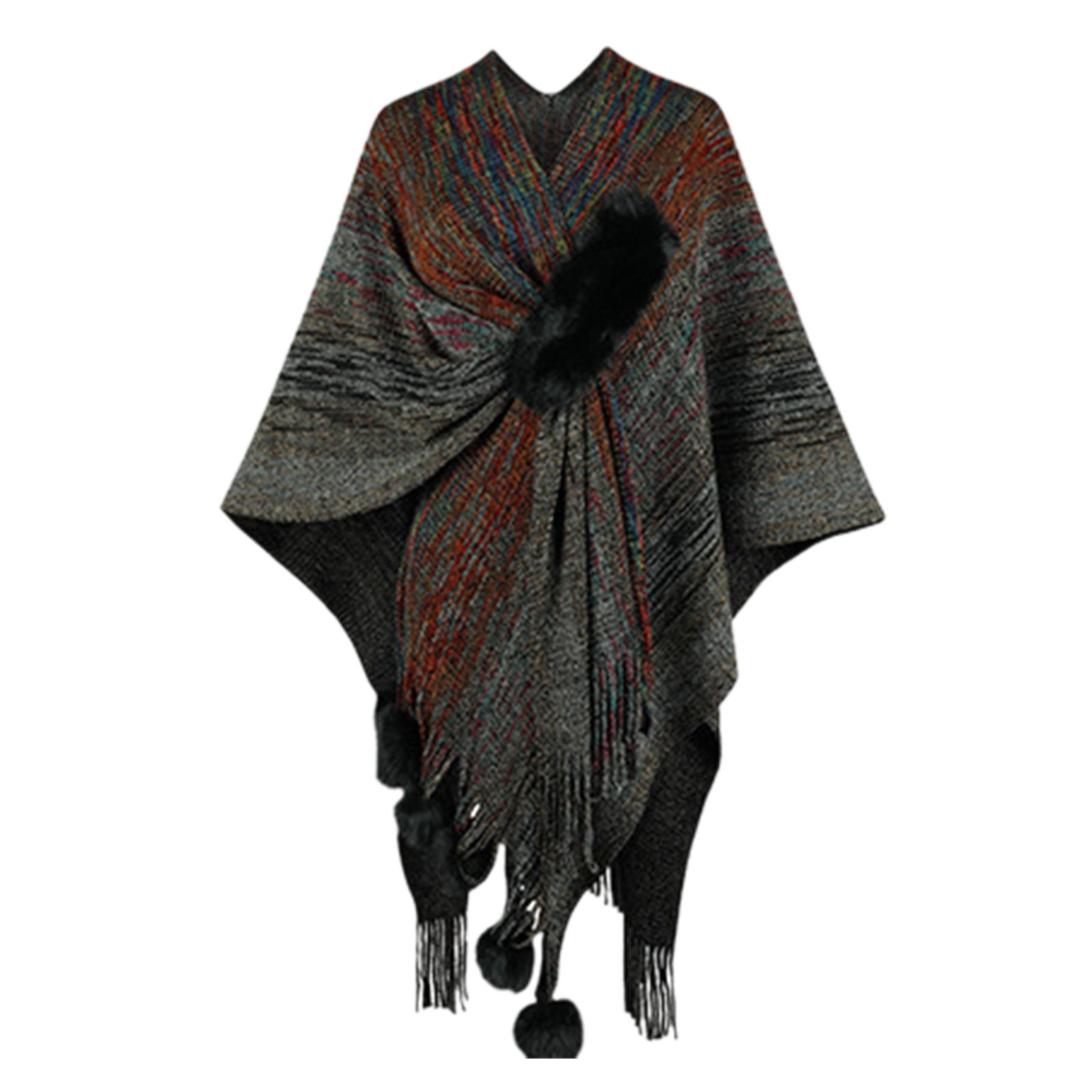 1PC Shawl Black Cotton Ladies Contrast Color Ball Fringe Knit Shawl ...
