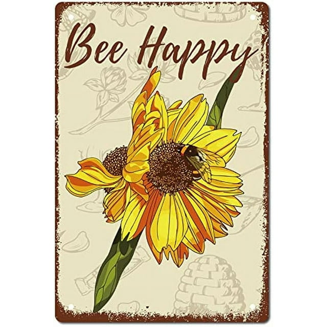 1PC Sunflower Metal Tin Sign Bee Happy Metal Wall Decor Art Mural ...
