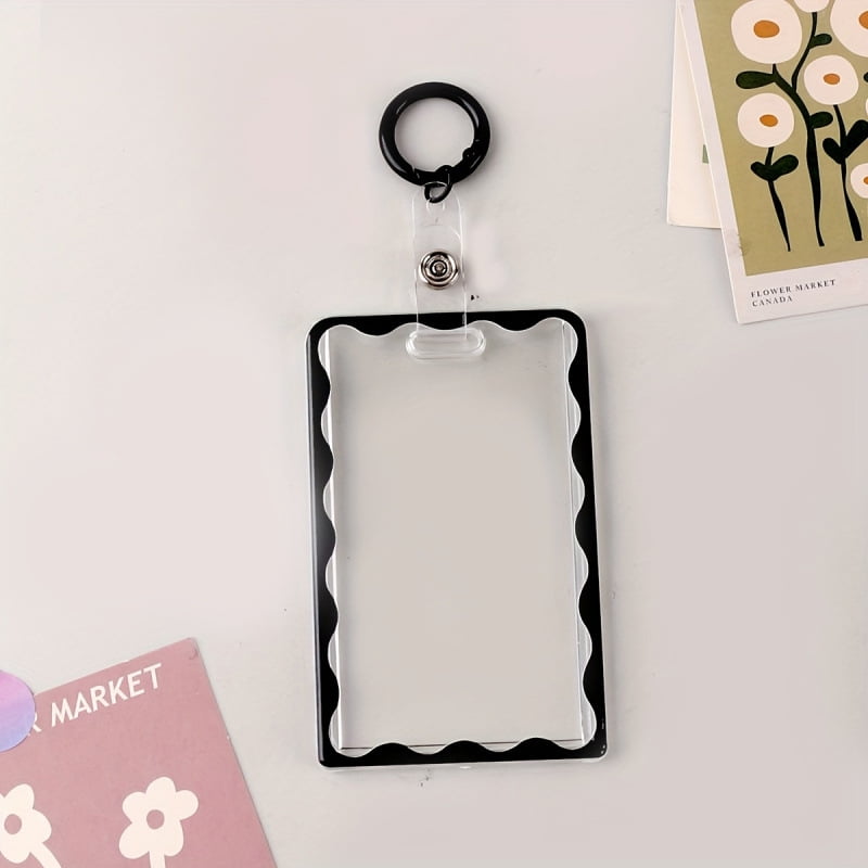 1PC Thick Wave Black Edge Transparent Card Holder with Keychain Slide ...