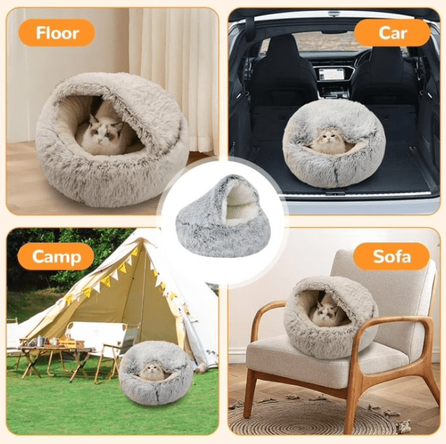 1PC Warming Pet Bed, Round Hooded Pet Cave, Indoor Pet Sleeping Faux ...