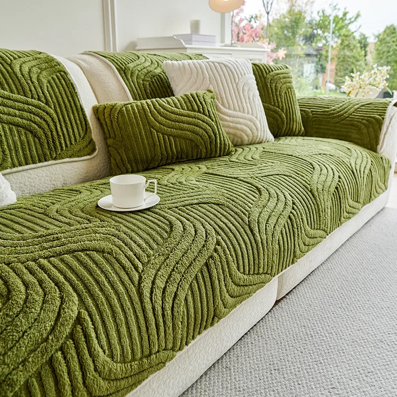 1PC Wave Striped Sofa Cover Solid Color Thicken Plush Sofa Towel Covers ...