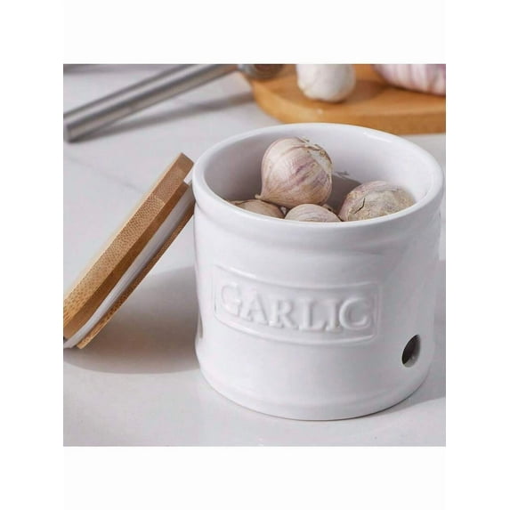 1PC White Ceramic Garlic Keeper with Lid, Round Garlic Crisper Storage ...