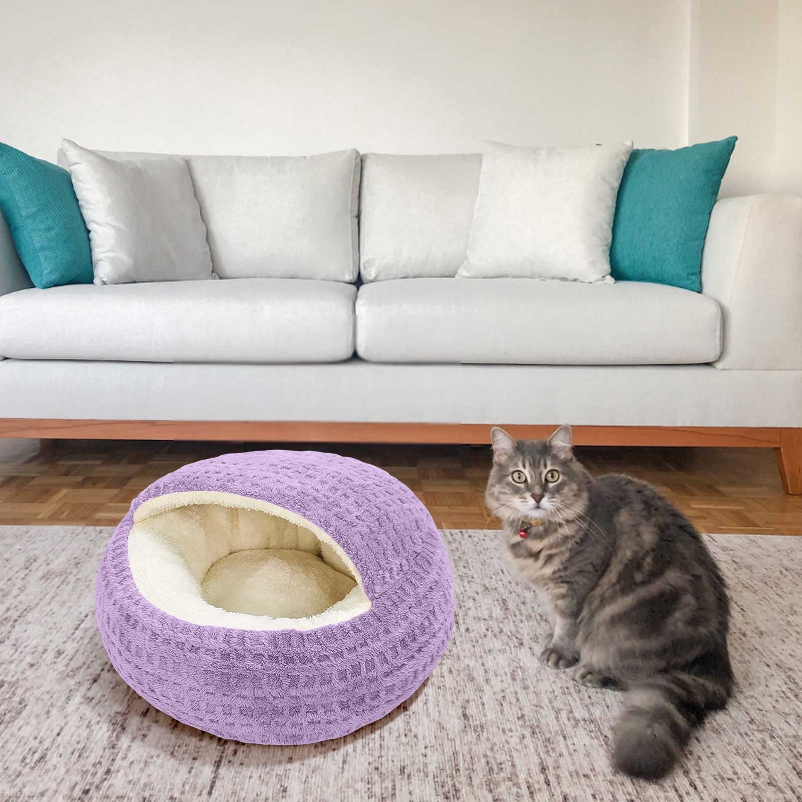 1PC Winter Plush Cat Bed, Hooded Semi Enclosed Shell Shaped Pet Nest ...